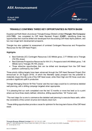 Triangle Confirms Three Key Opportunities in Perth Basin - Triangle Energy